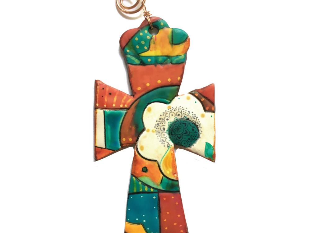 Polymer Clay Cross Ornament Talavera Style | Carrie Joy Art